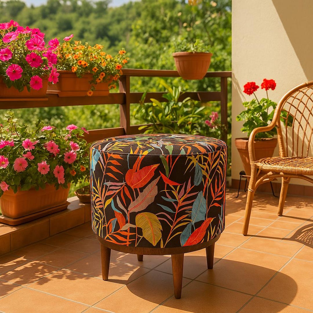 Tropical Print Pouf | Handmade Round Ottoman With Wooden Legs | Jungle ...