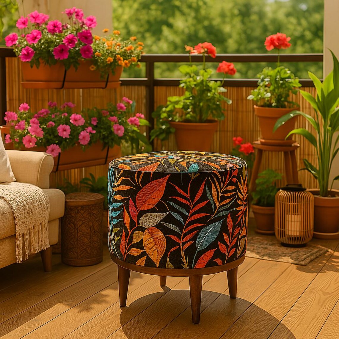 Tropical Print Pouf | Handmade Round Ottoman With Wooden Legs | Jungle ...