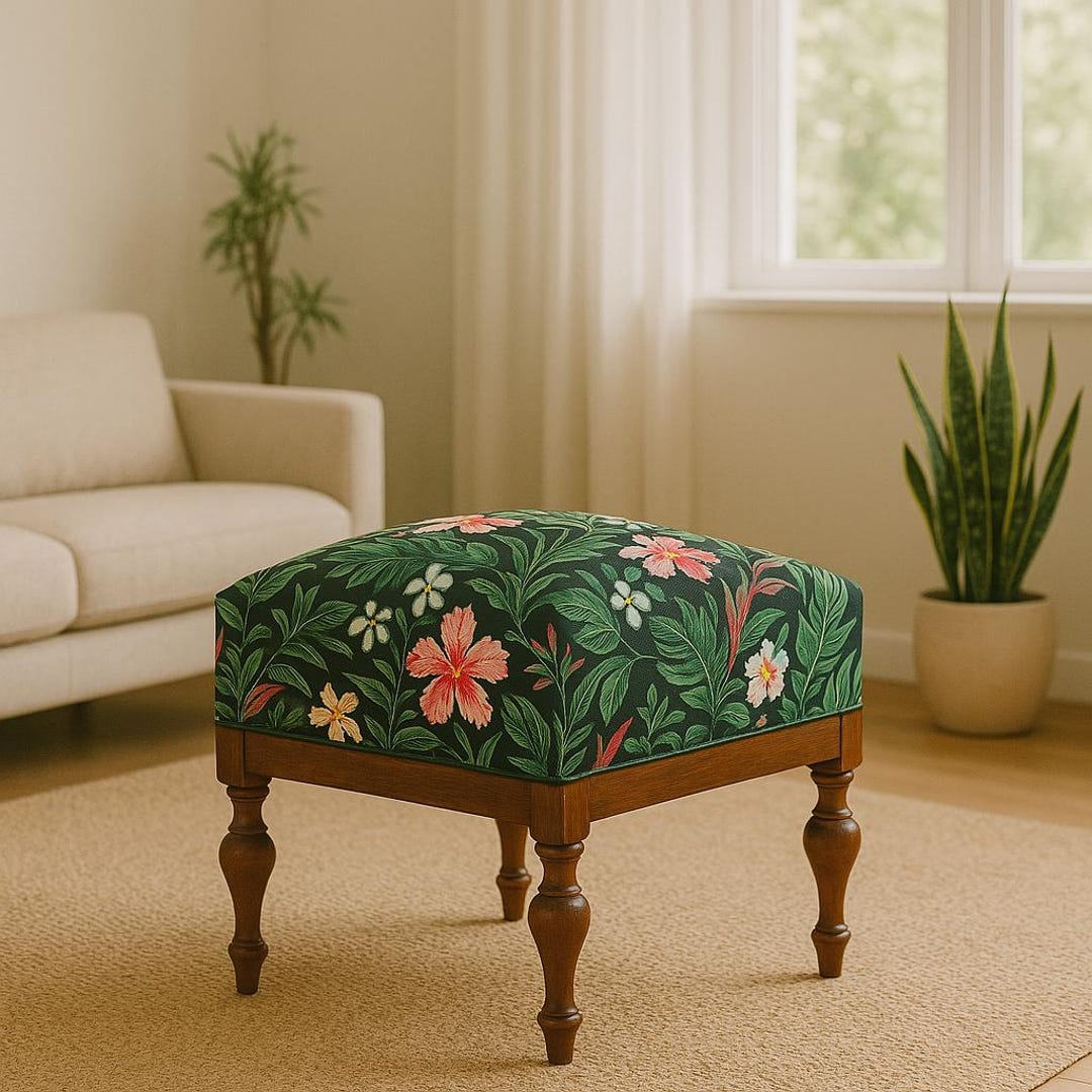 Tropical Floral Upholstered Ottoman – Handmade Wooden Footstool ...