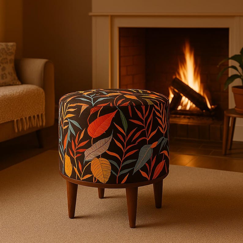 Tropical Print Pouf | Handmade Round Ottoman With Wooden Legs | Jungle ...