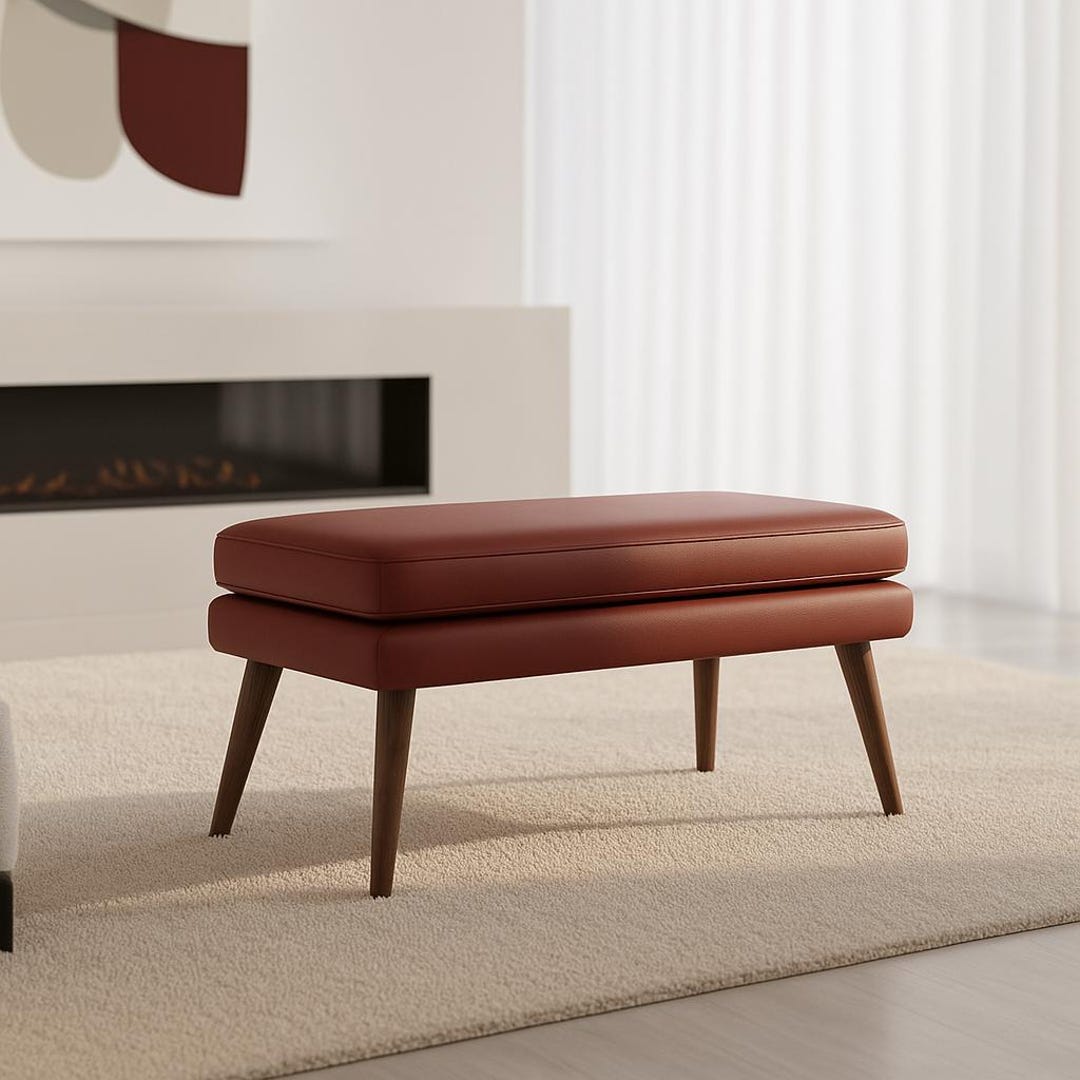 Red Leather Bench – Mid Century Modern Ottoman, Handmade Entryway or ...