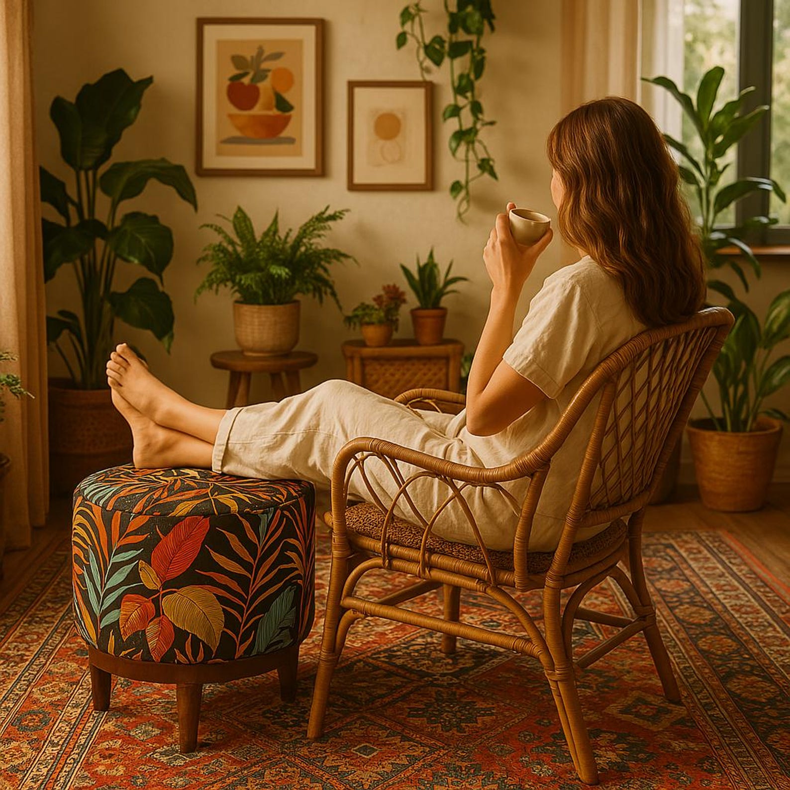 Tropical Print Pouf | Handmade Round Ottoman With Wooden Legs | Jungle ...