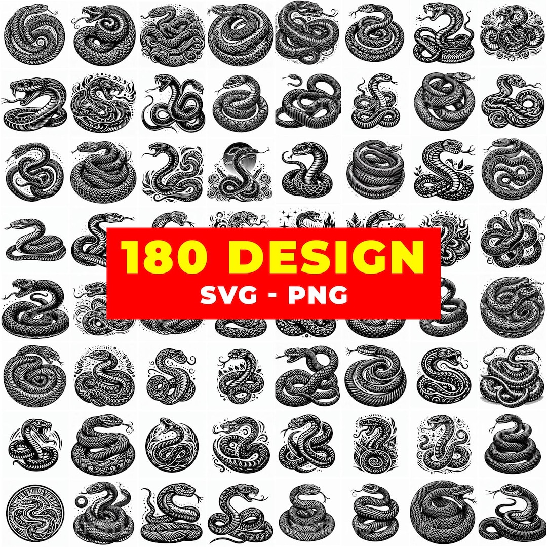 180 Snake SVG Bundle | Tattoo Design Serpent PNG | Coiled Viper Cobra ...