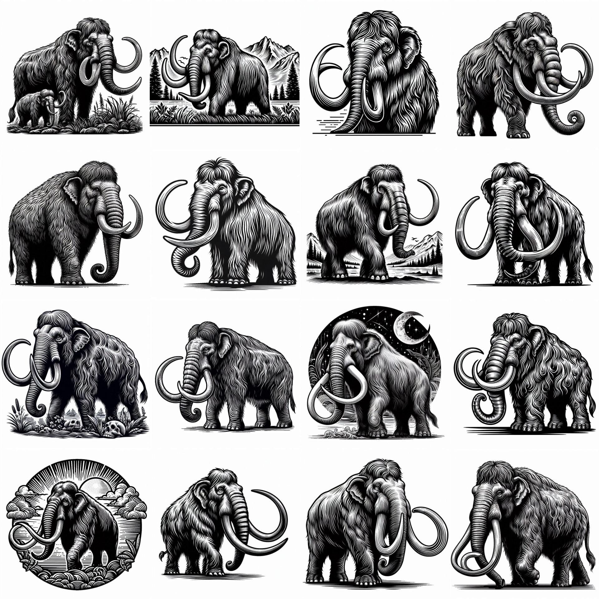 60 Mammoth SVG PNG Bundle | Woolly Mammoth Vintage Engraved Art ...