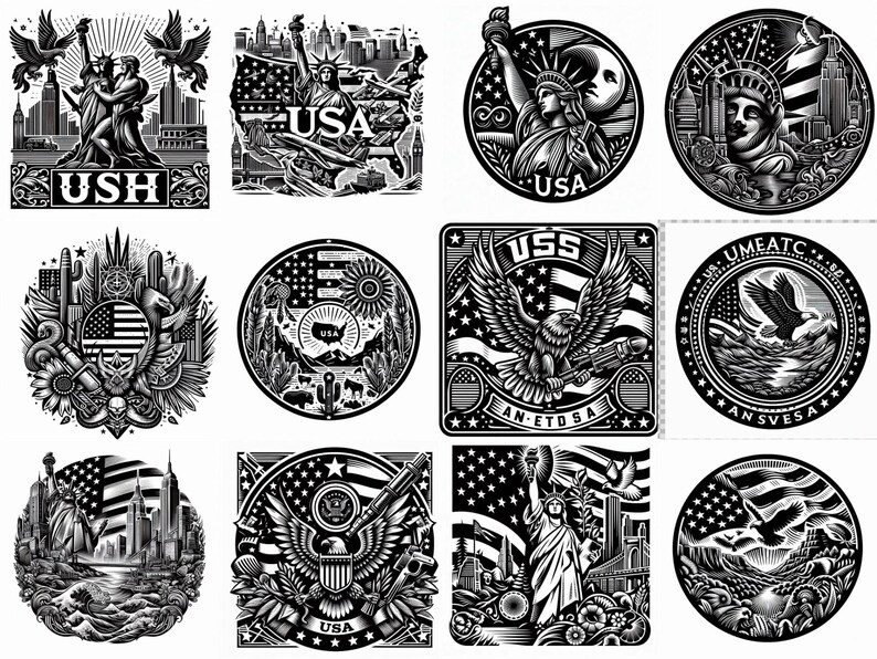 Patriotic Tribal Engraving SVG Bundle: USA Flag, Eagle Art (digital ...