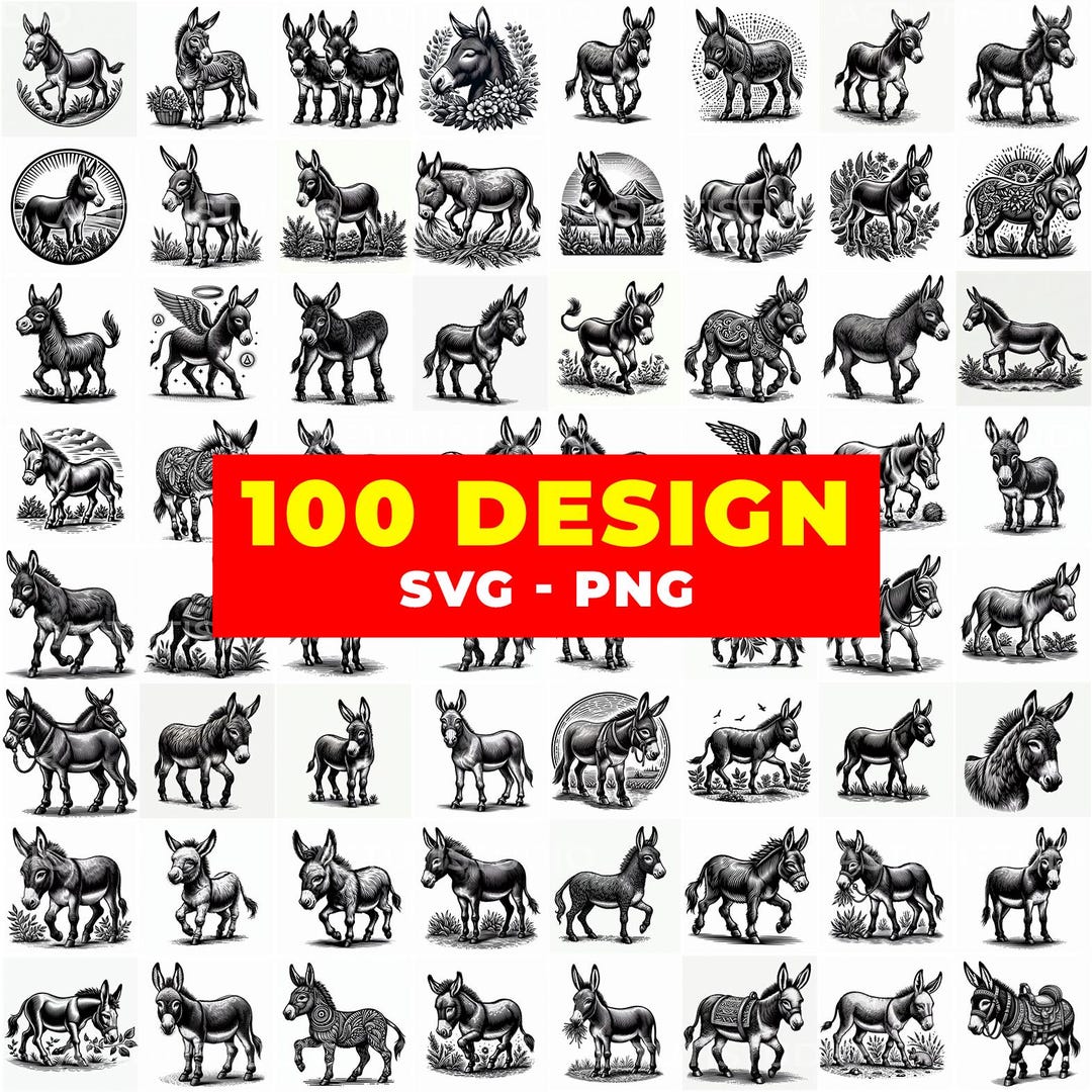 100 Donkey SVG Bundle PNG Engraving Style Clipart | Vintage Farm Animal ...