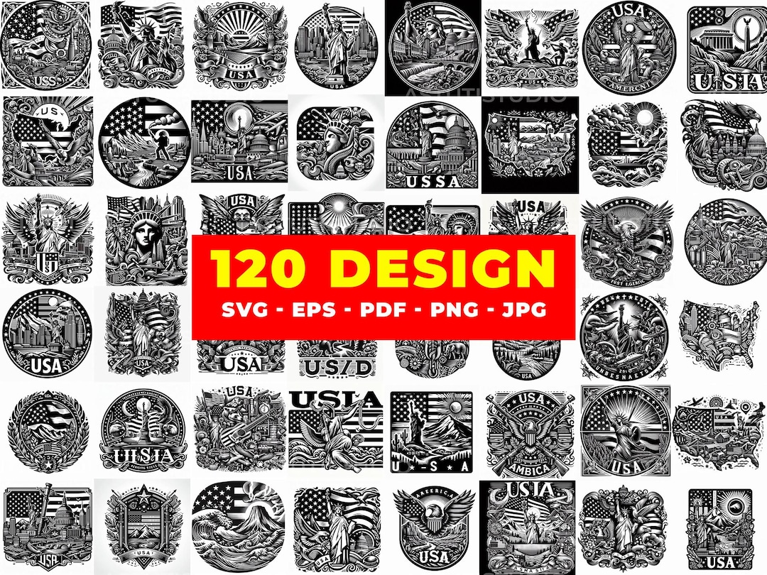 Patriotic Tribal Engraving SVG Bundle: USA Flag, Eagle Art (digital ...