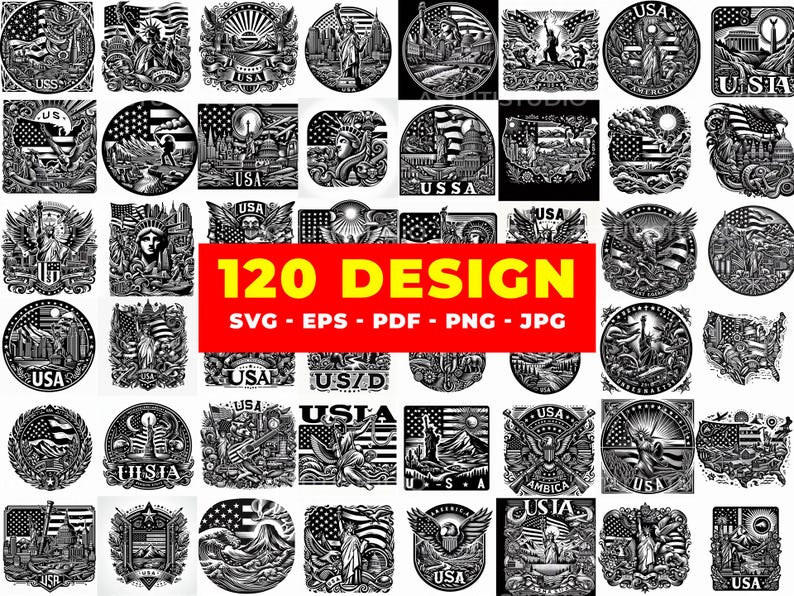 Patriotic Tribal Engraving SVG Bundle: USA Flag, Eagle Art (digital ...