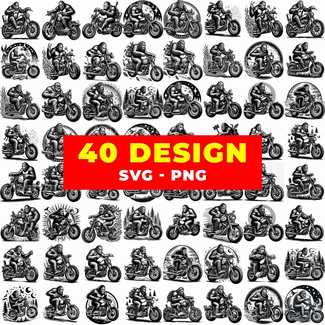 Bigfoot Motorcycle SVG Bundle | 40 Sasquatch Biker Clipart, Retro ...