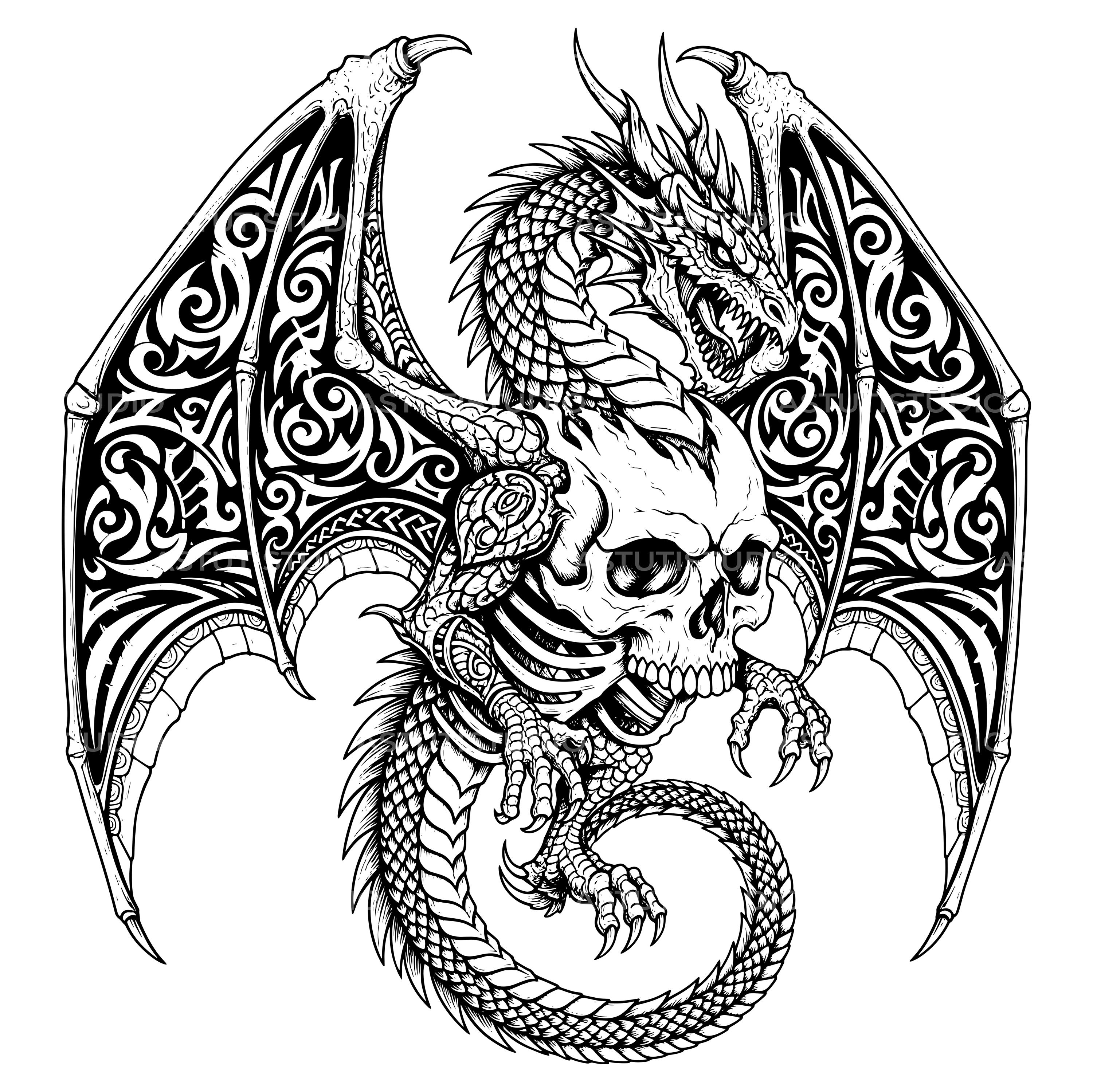 Dragon Skull SVG Bundle: Tribal Engraving, Fantasy Clipart (digital ...