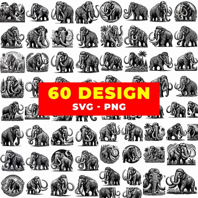 60 Mammoth SVG PNG Bundle | Woolly Mammoth Vintage Engraved Art ...