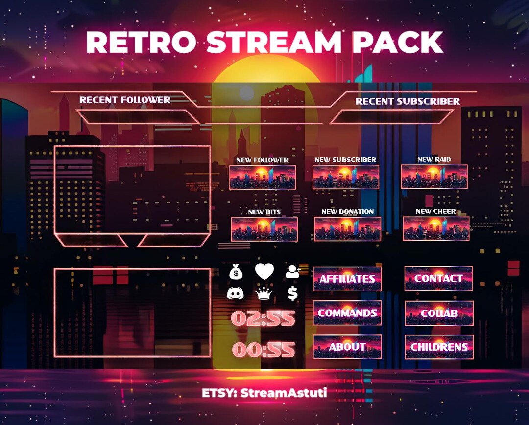 Retro Outrun Animated Stream Overlay Pack: Twitch, Kick, Youtube - Etsy