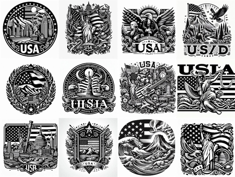 Patriotic Tribal Engraving SVG Bundle: USA Flag, Eagle Art (digital ...