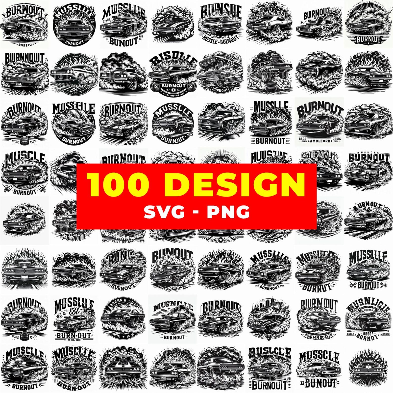 100 Muscle Car Burnout SVG Bundle | Vintage Muscle Car SVG PNG | Drag ...