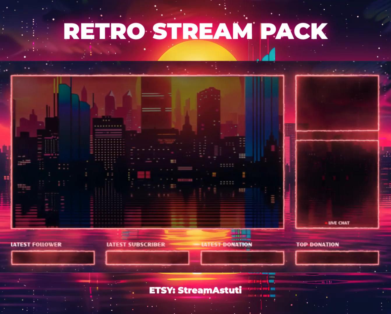 Retro Outrun Animated Stream Overlay Pack: Twitch, Kick, Youtube - Etsy
