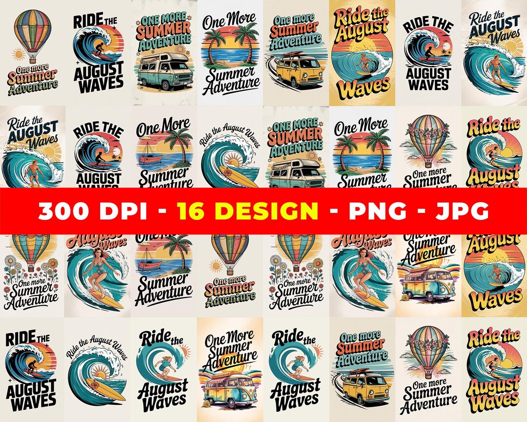 Summer Adventure PNG Clipart Bundle: Surfing, Beach Vibes (16 Designs ...