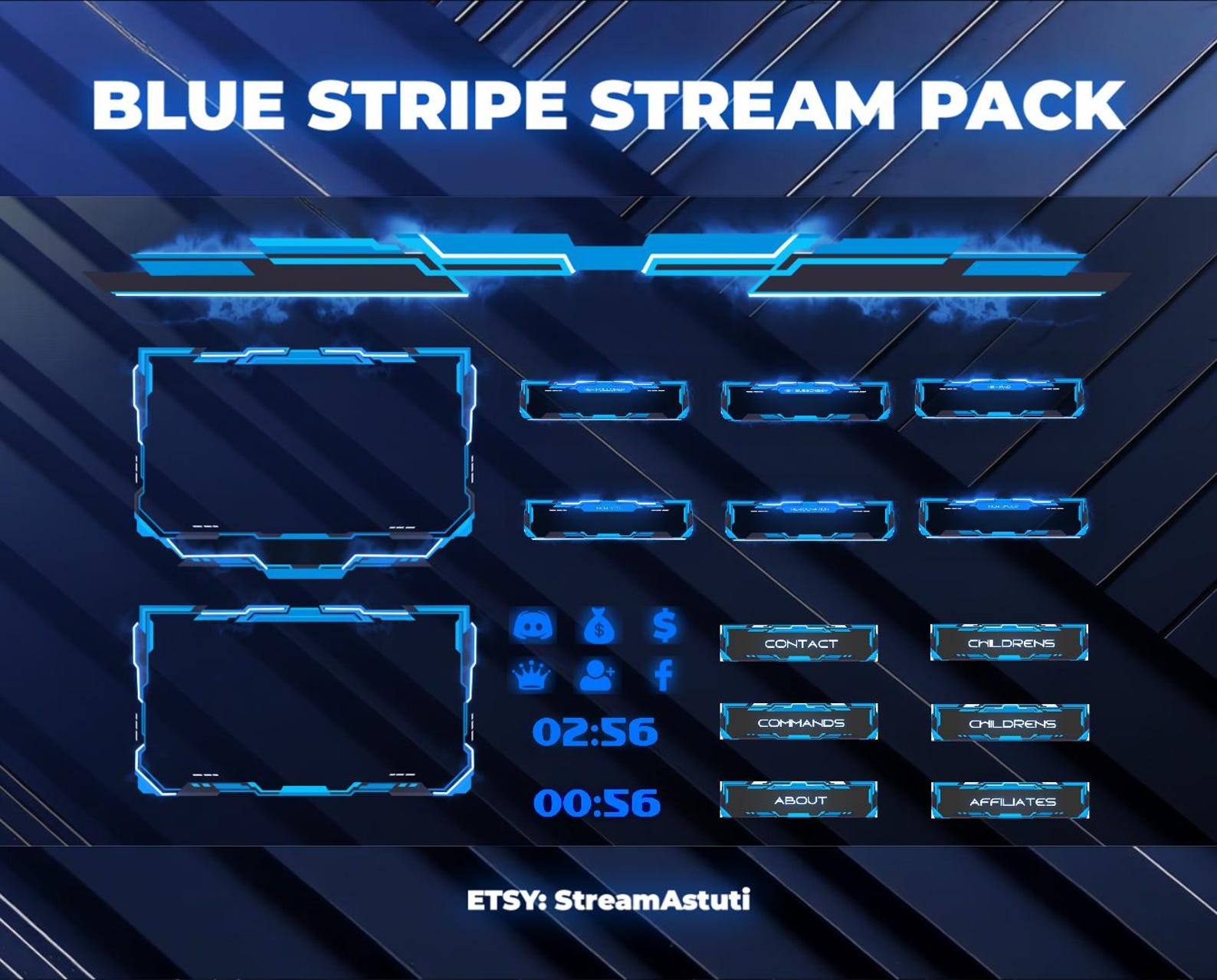 Blue Stripe Animated Stream Overlay Pack: Twitch, Youtube, Kick - Etsy