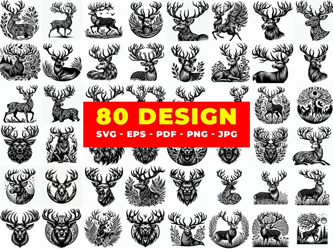 Deer SVG Bundle: Tribal Stag Head Designs for Laser Cutting, Cricut (80 ...