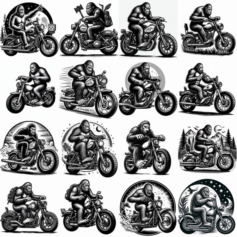 Bigfoot Motorcycle SVG Bundle | 40 Sasquatch Biker Clipart, Retro ...