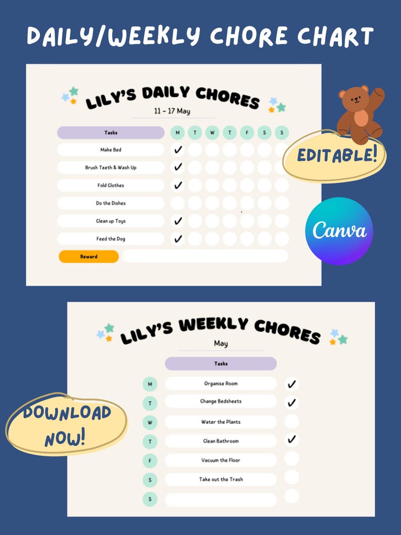 Printable, Editable Daily & Weekly Digital Chore Chart for Children ...
