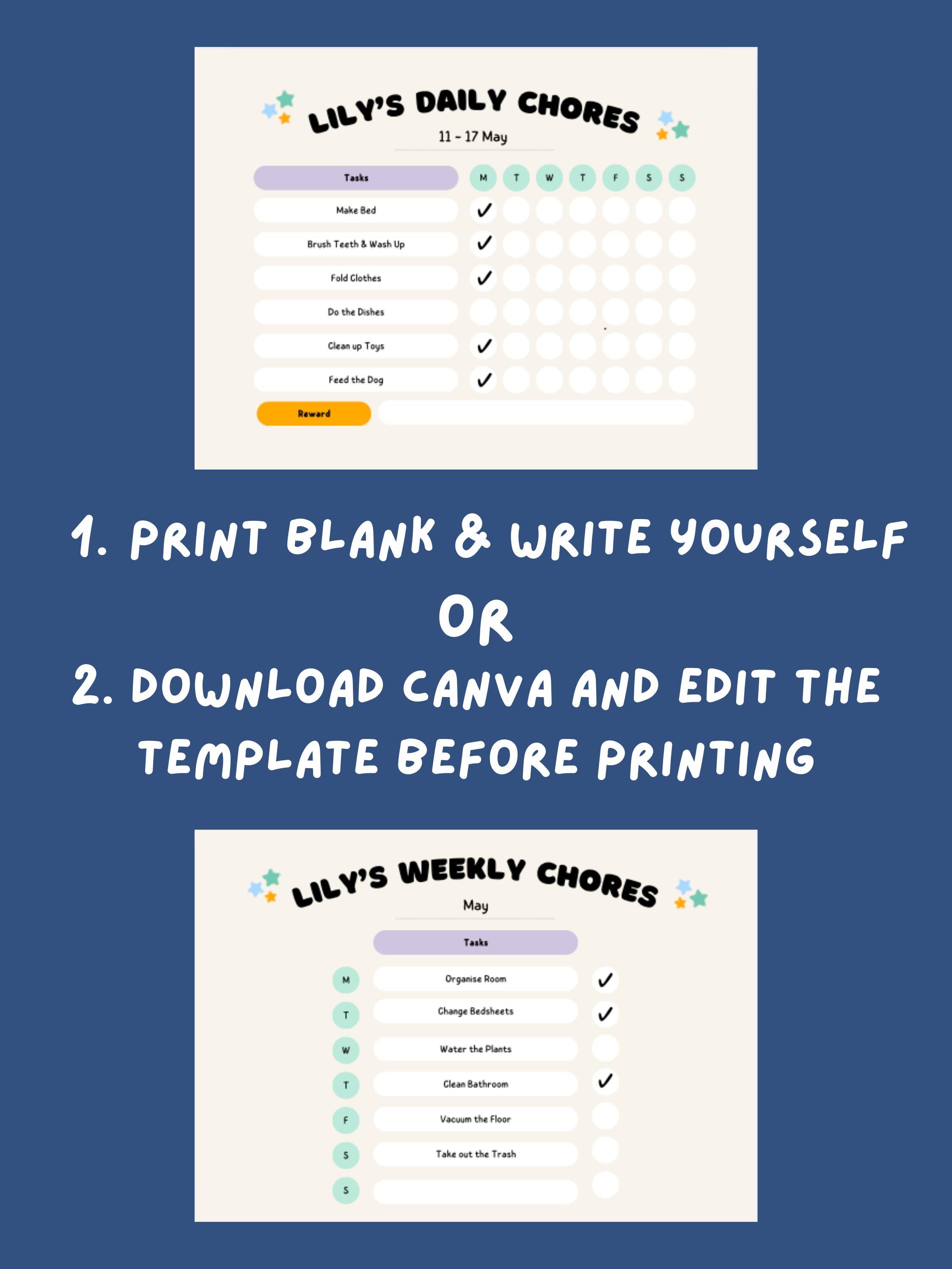 Printable, Editable Daily & Weekly Digital Chore Chart for Children ...