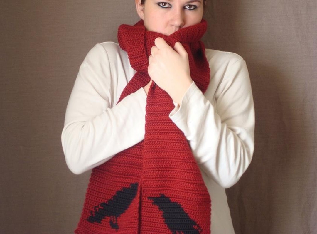 Raven Scarf, Red Scarf, Crochet Scarf, Silhouette, Autumn Red Scarf ...