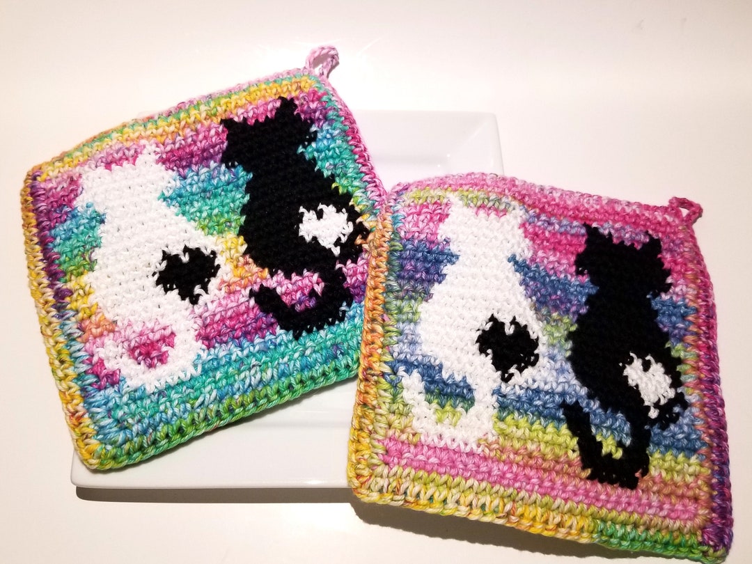 Crochet Cat Potholders: Black and White Cats on Variegated Pink, Blue ...