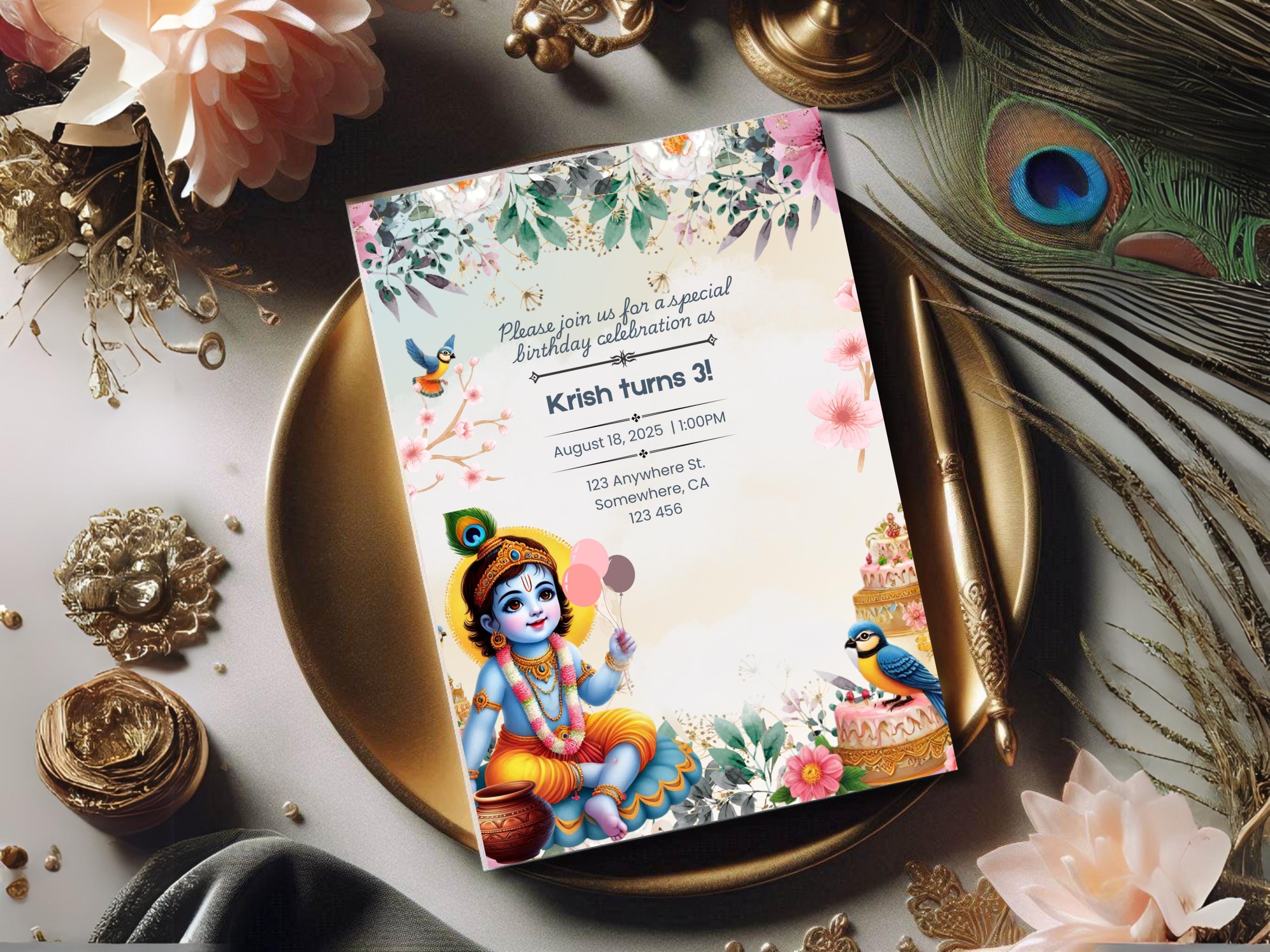 Baby Krishna Birthday Invitation, Editable Krishna Themed Invite, Lord ...