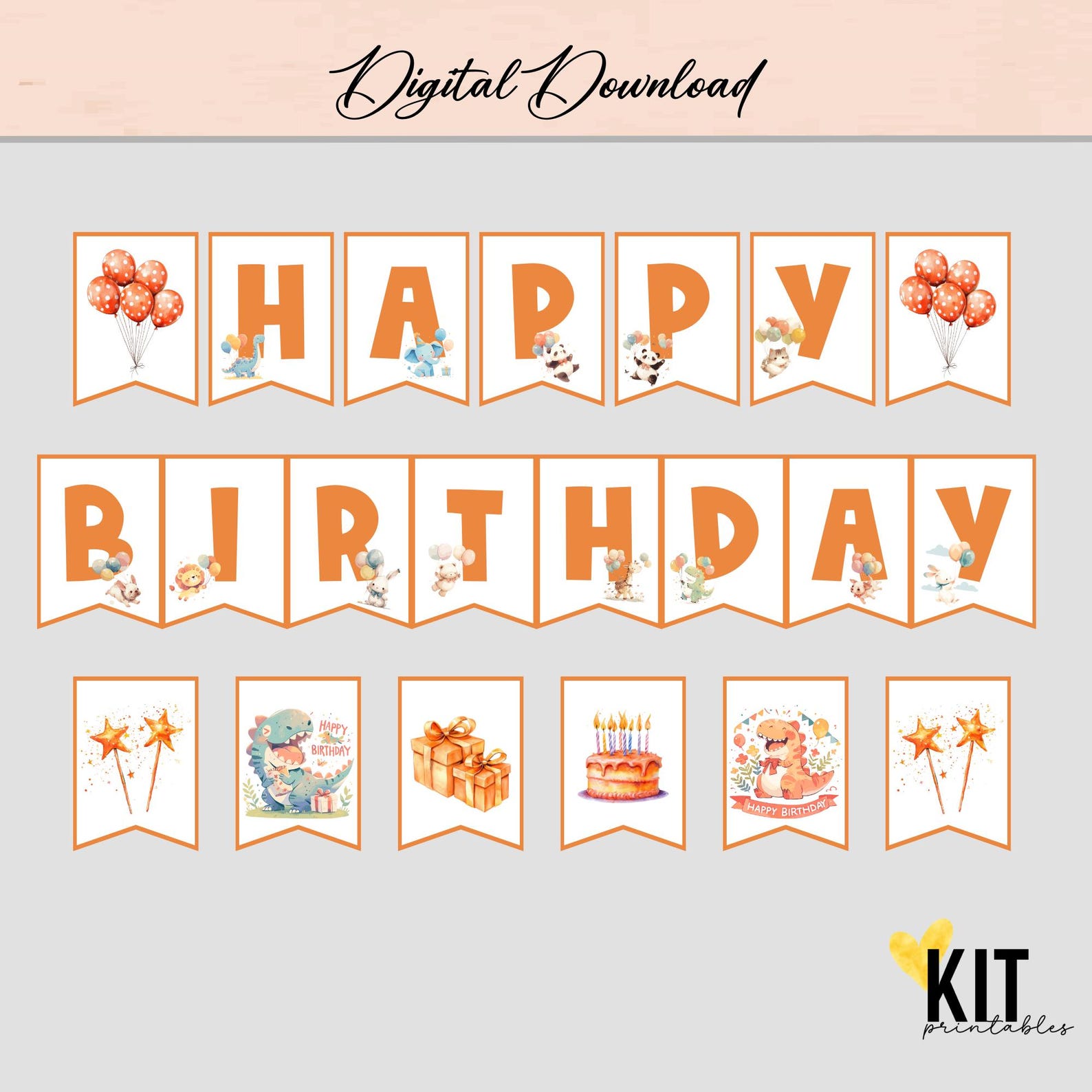 Kids Happy Birthday Banner, Cute Animals Birthday Pennants, Kids ...
