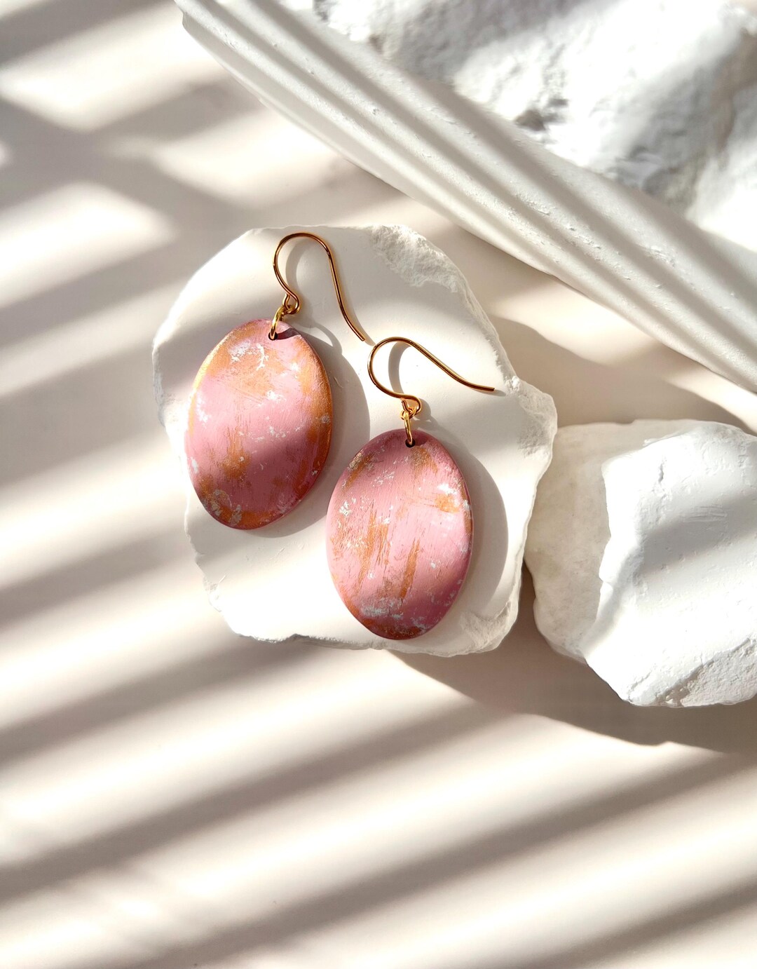 Handmade, Pink Patina, Painted, Polymer Clay Earrings, Gold Plated ...
