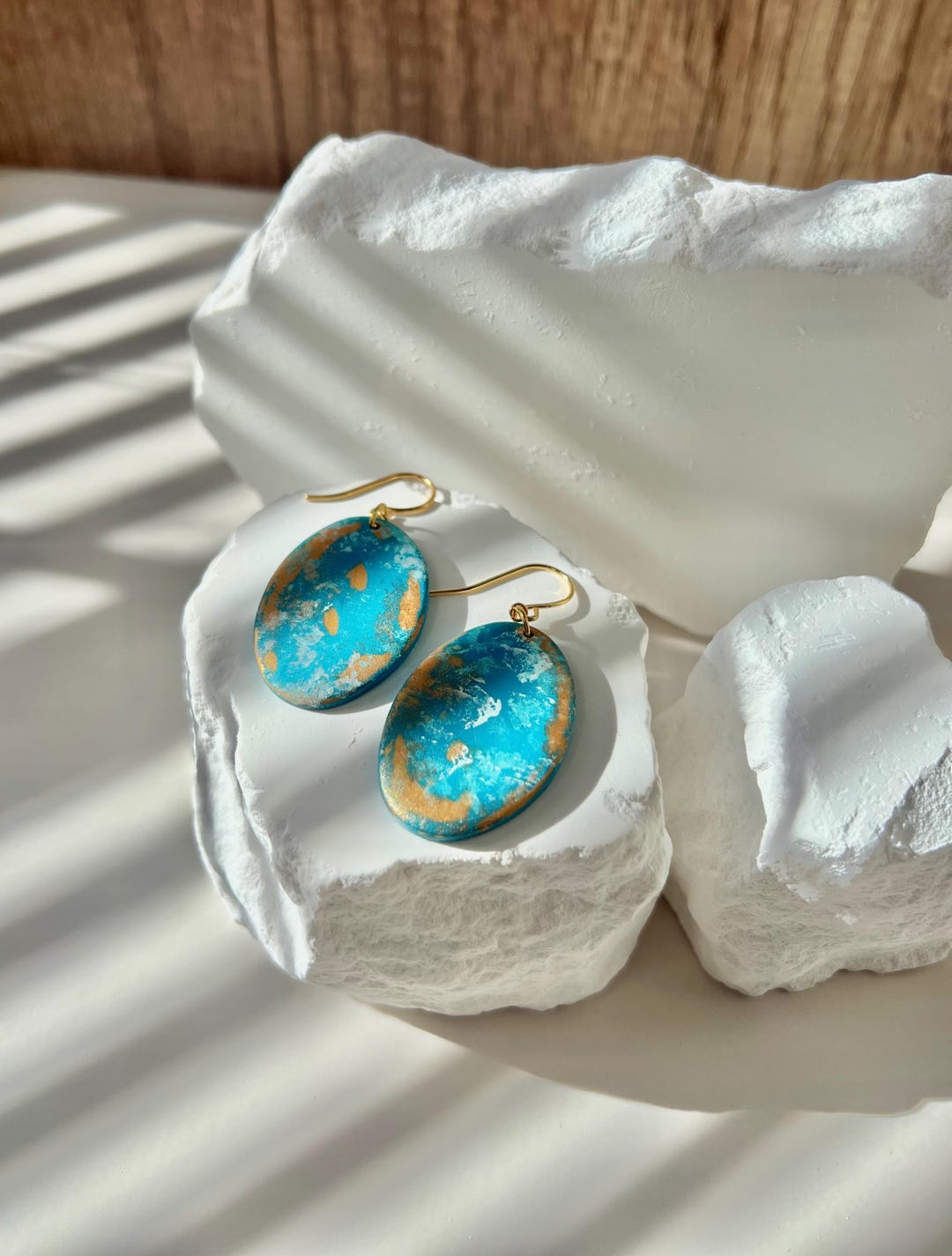 Painted, Blue Patina, Handmade, Polymer Clay Earrings, Stainless Steel ...