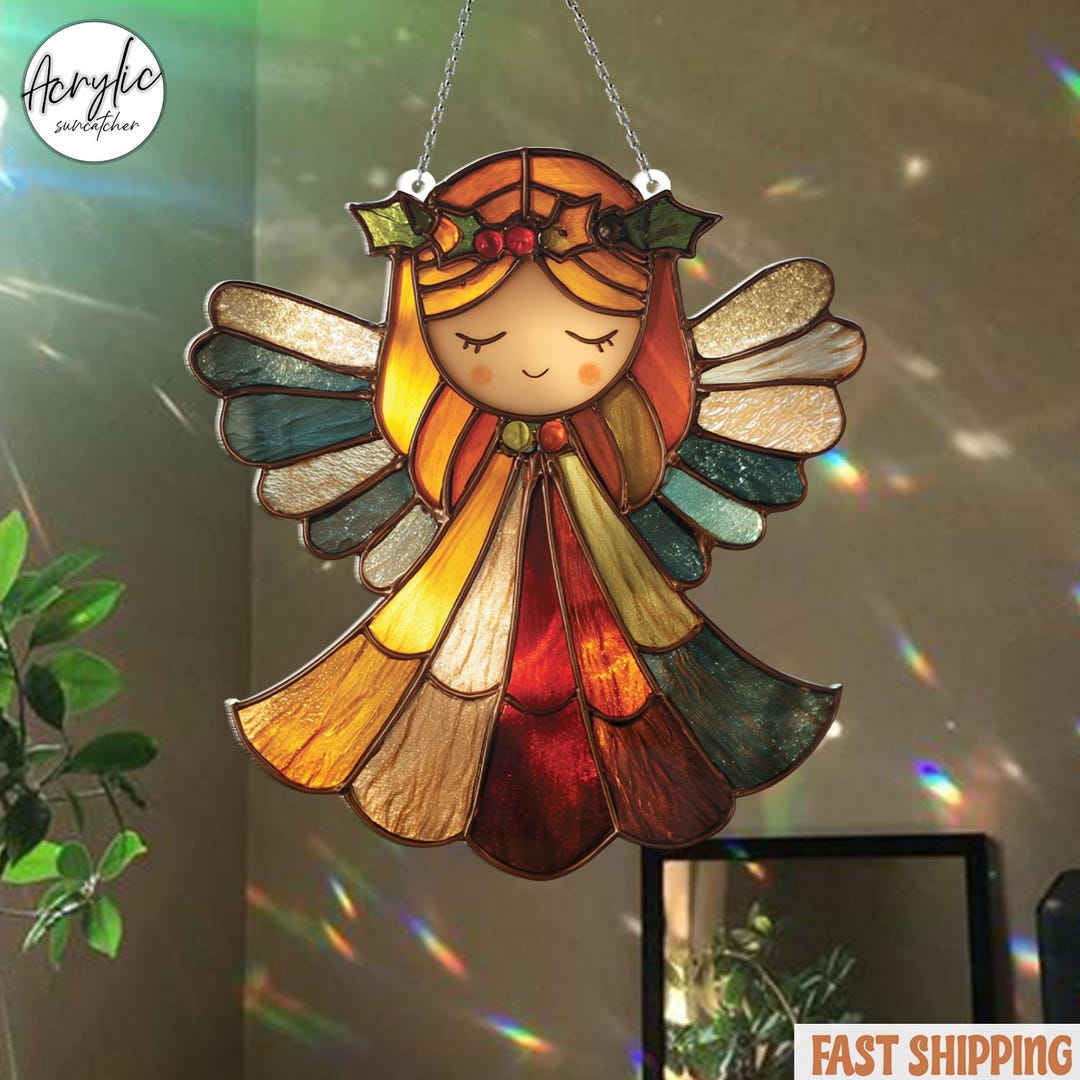 Christmas Angel Suncatcher 2025 - Faux Stained Glass Acrylic Suncatcher ...