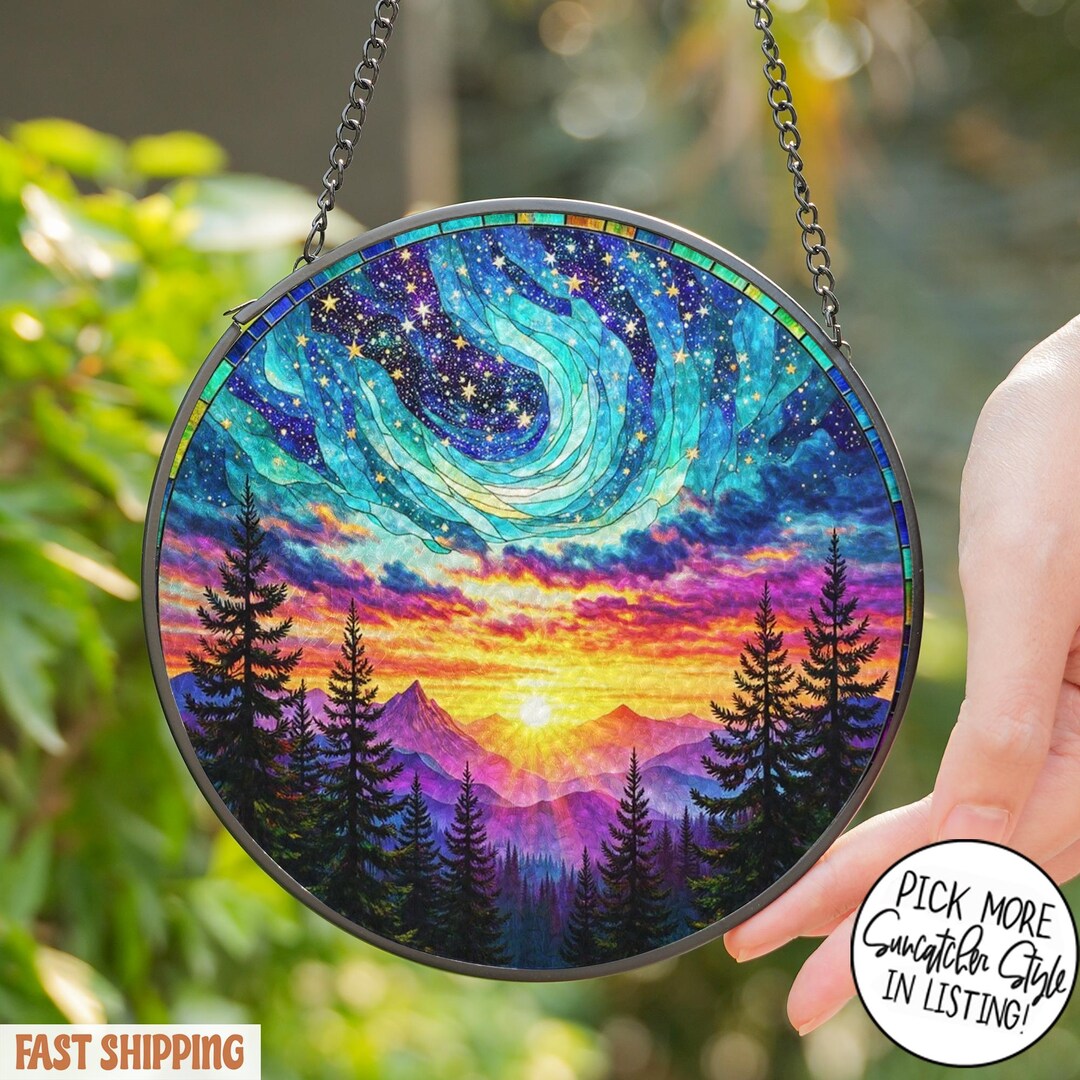 Northern Lights Aurora GLASS SUNCATCHER Forest Aurora Acrylic Window ...
