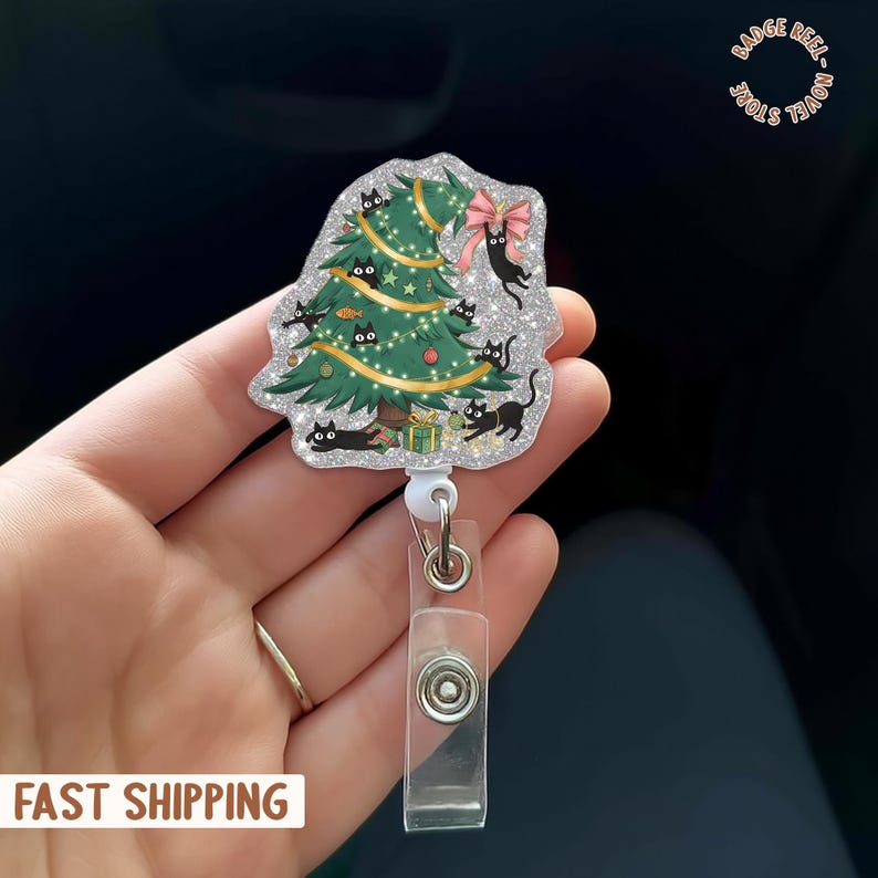 Christmas Tree Cat Badge Reel – Funny Holiday ID Holder, Cute Kitty ...