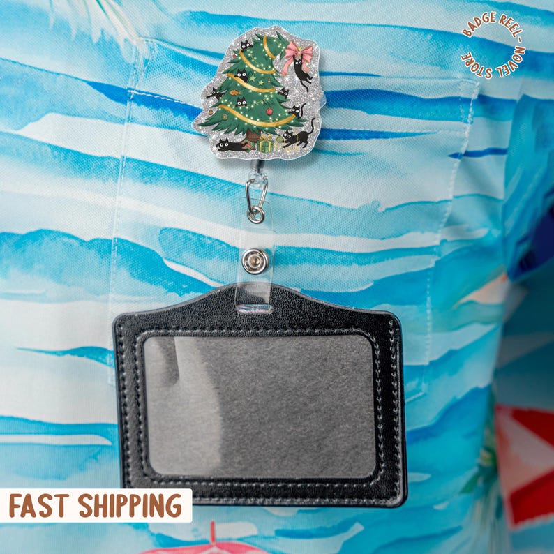 Christmas Tree Cat Badge Reel – Funny Holiday ID Holder, Cute Kitty ...
