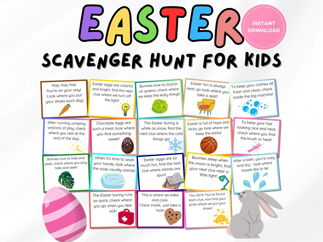Easter Scavenger Hunt for Kids, Indoor Treasure Hunt Clues, Fun Easter ...