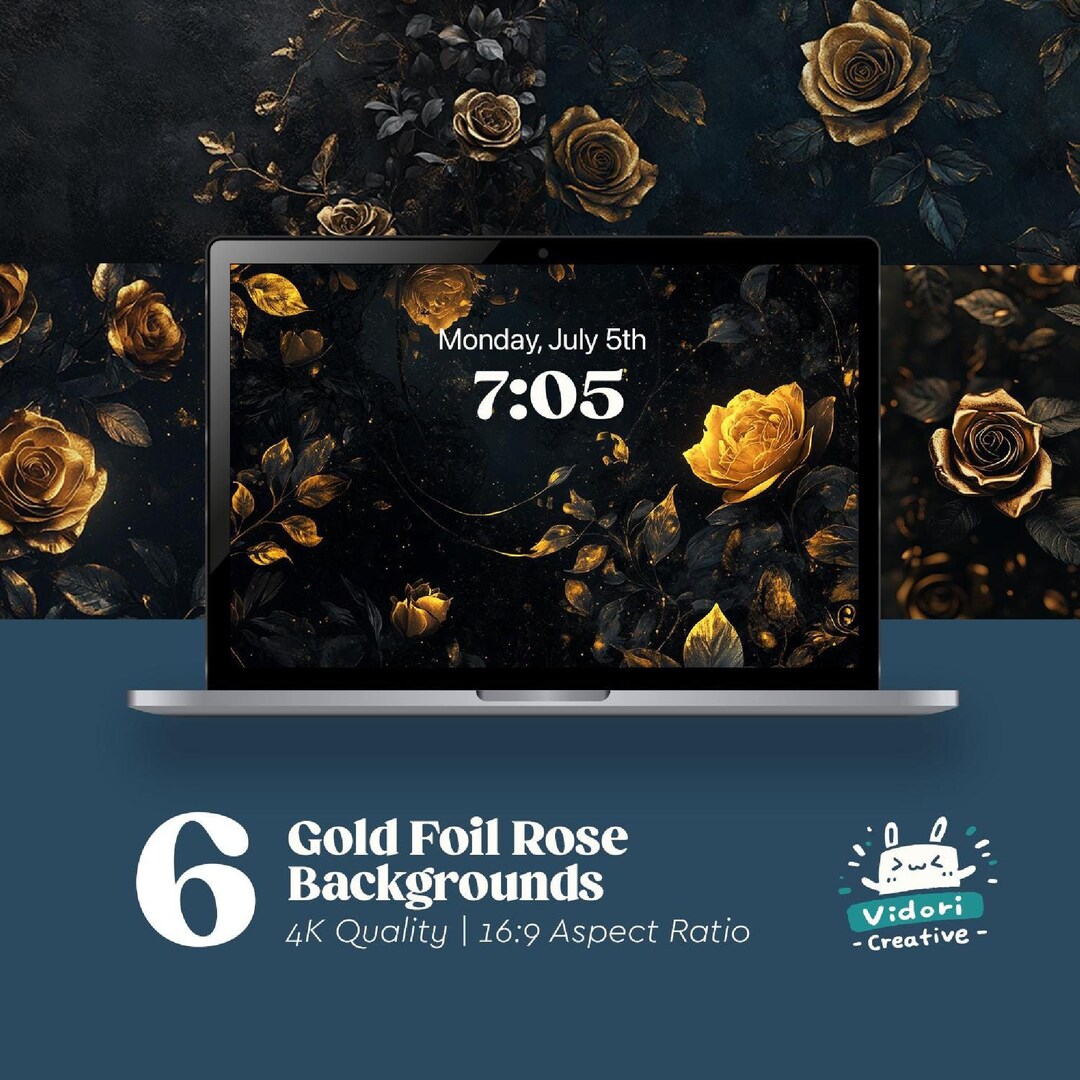 Gold Foil Floral Rose Mural, High Contrast Wallpaper Screensaver ...