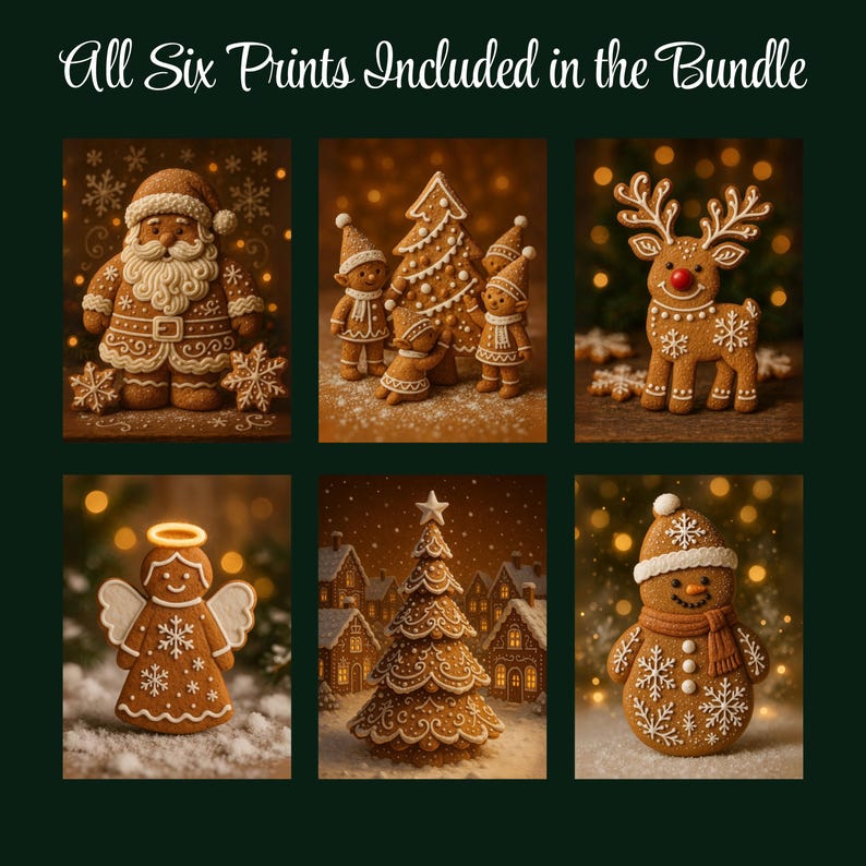 Christmas Wall Art Set of 6 | Gingerbread Santa, Snowman, Snowy ...