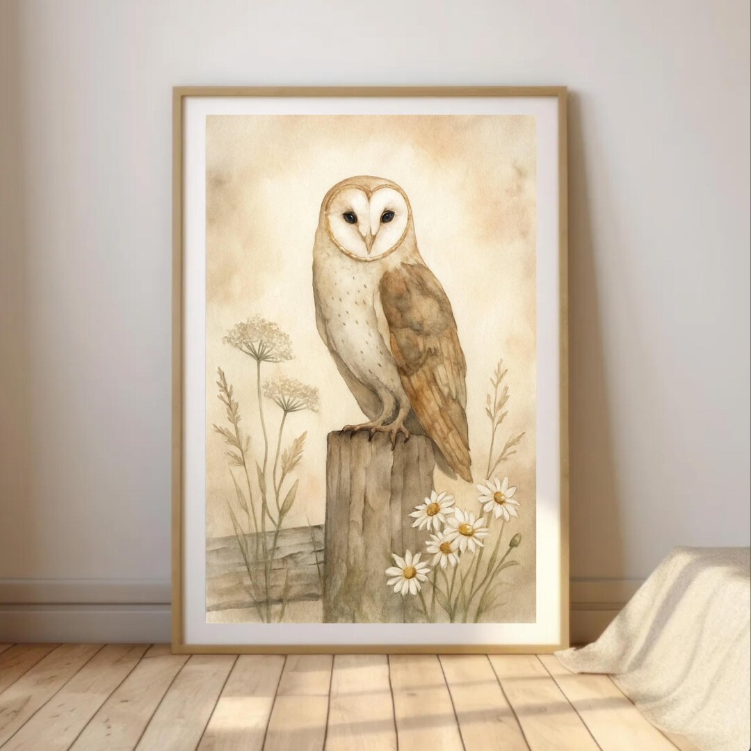 Vintage Barn Owl Wall Art | Woodland Owl Nursery Print | Neutral Forest ...