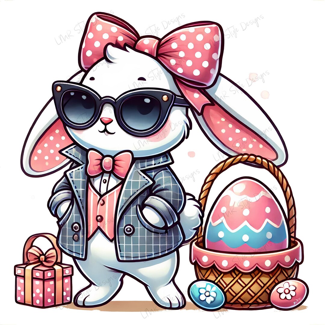 Cute Blue & Pink Easter Bunny Clipart PNG, Sunglasses and Easter Eggs ...