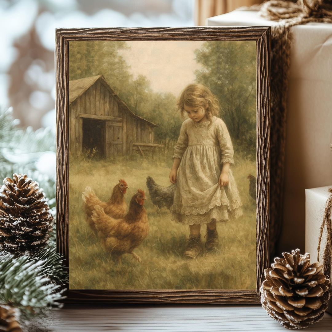 Vintage Girl With Chickens Wall Art | Rustic Cottagecore Print | Farm ...
