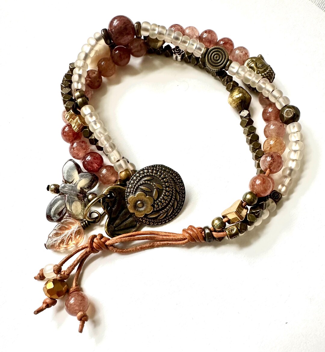 Boho Sunstone Bracelet: Layered Beaded Wrap With Bronze Charms - Etsy