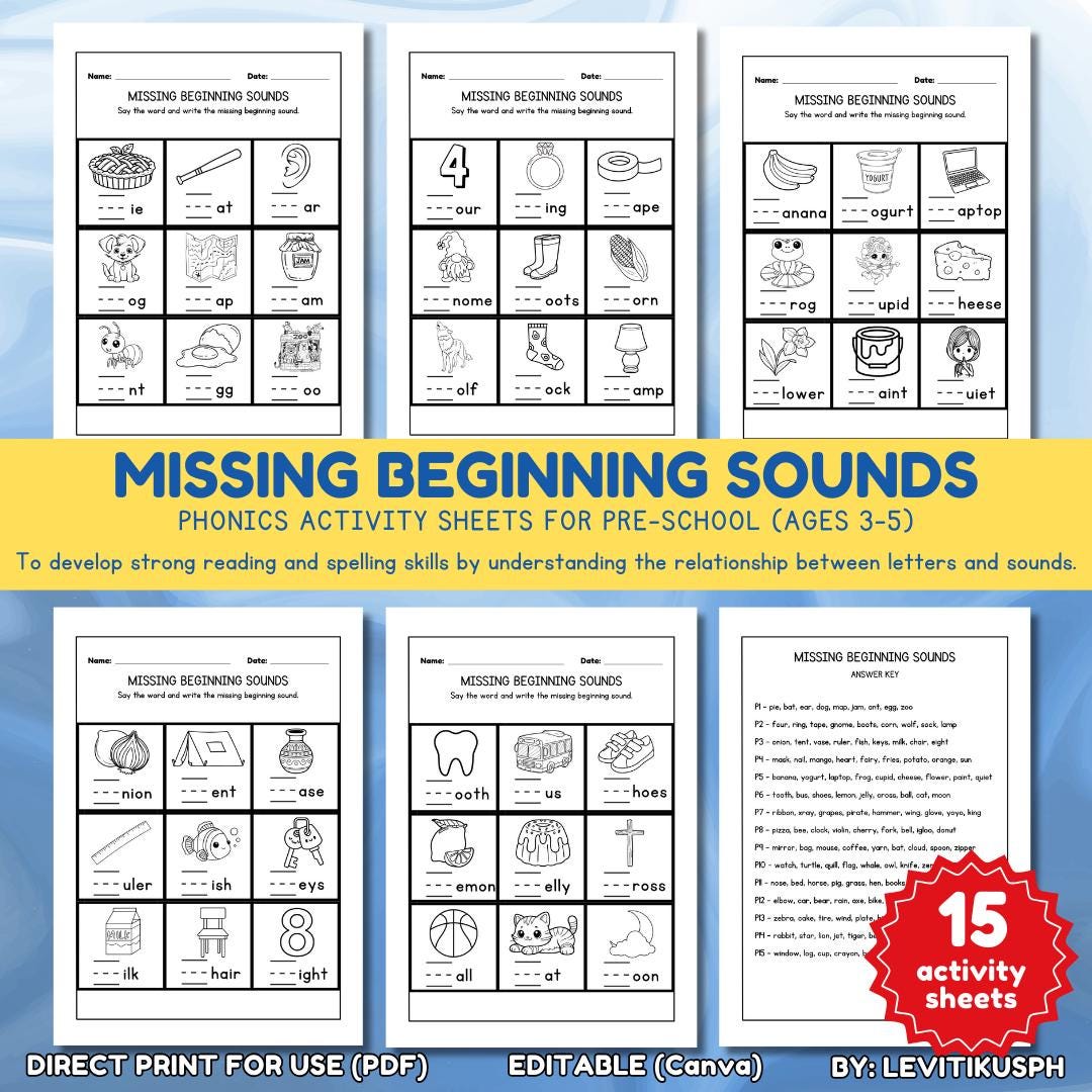 Missing Beginning Sound Activity Sheet L Editable L Printable L PLR L ...