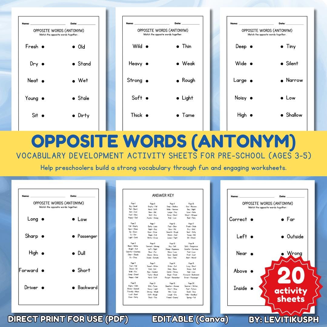 Opposite Words Activity Sheets L Editable L Printable L PLR L ...
