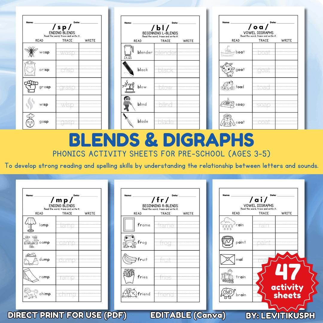 Blends and Digraphs Activity Sheet L Editable L Printable L PLR L ...