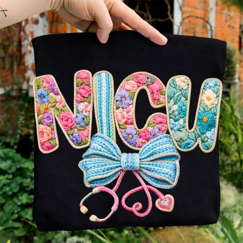 Nurse ICU NICU CNA Png Bundle, Faux Embroidery Floral Letters With Blue ...