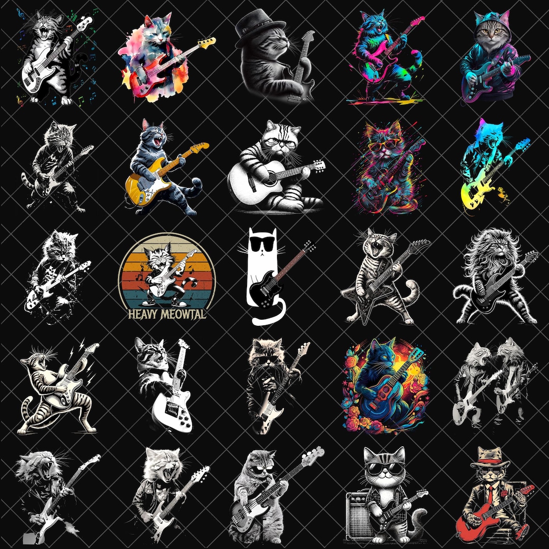 Rockstar Cat PNG Bundle, Guitar Cat PNG, Heavy Metal Cat PNG, Funny ...