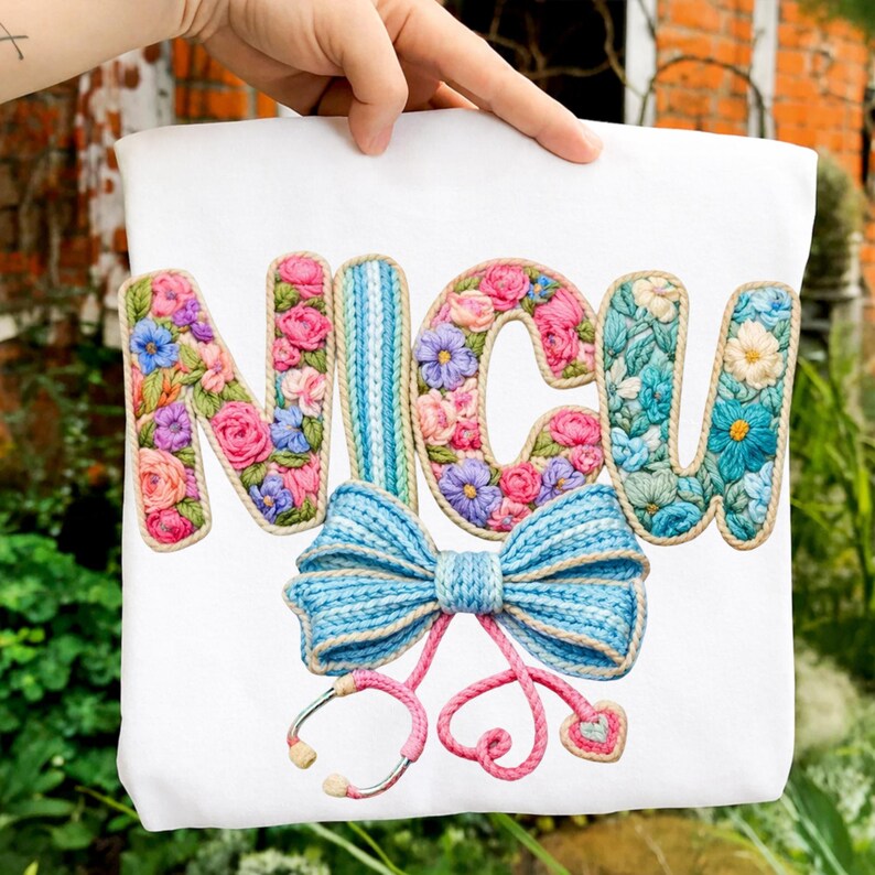 Nurse ICU NICU CNA Png Bundle, Faux Embroidery Floral Letters With Blue ...