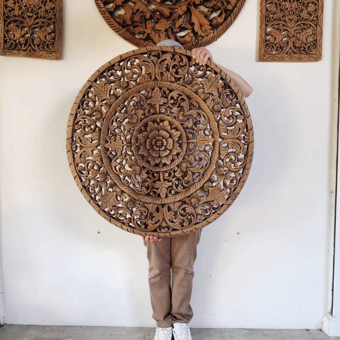 35" Large Round Teak Wood Wall Art - Triple-layer Floral Mandala ...