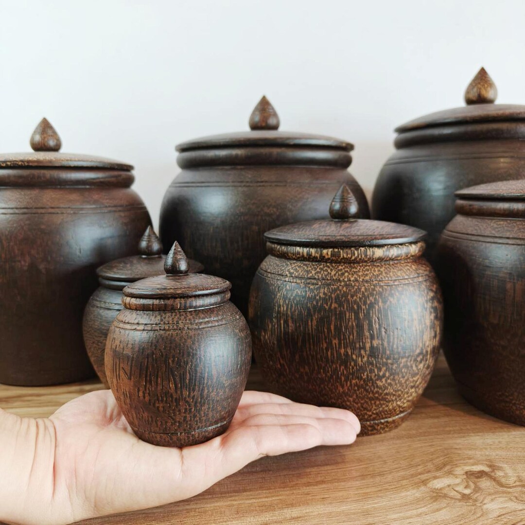 Palm Wood Jar Set 7 With Lids Unique Wooden Container Eco-friendly Home ...